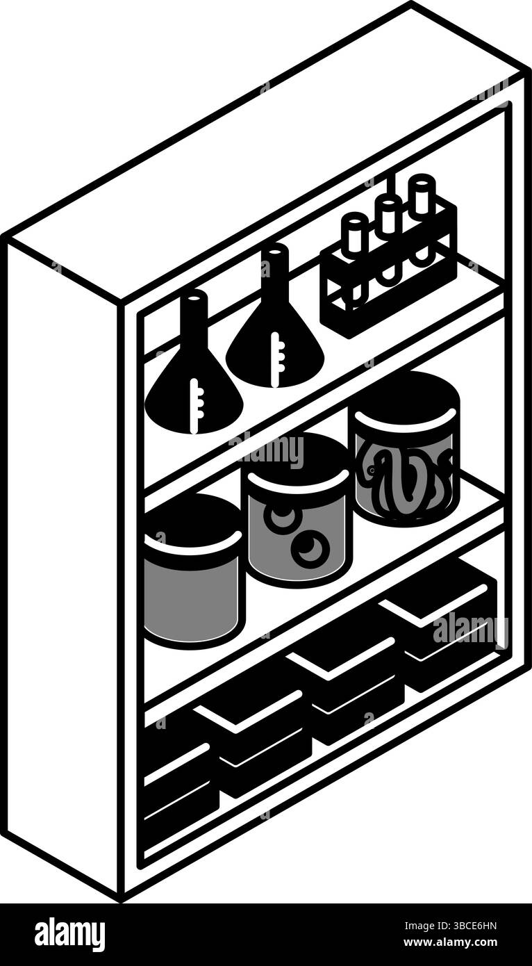 Simple and cute isometric line art illustration of a school science lab ...