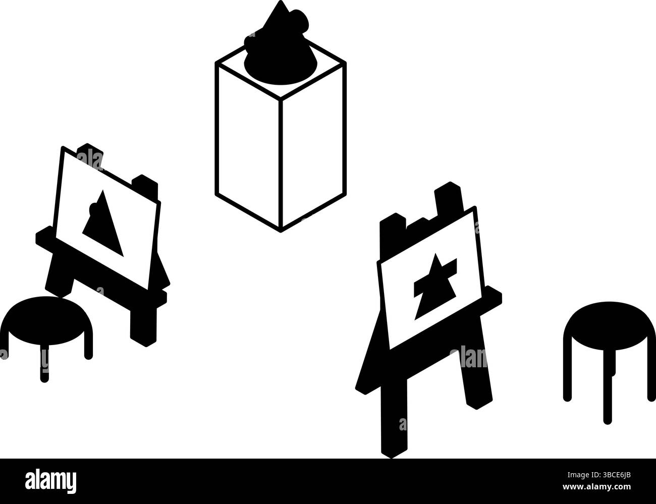 Simple and cute isometric line art illustration of a school art room ...