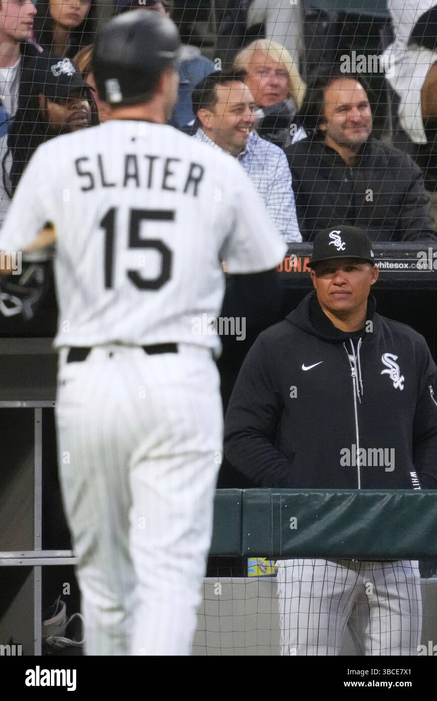 Chicago White Sox manager Will Venable, right, looks at Austin Slater ...