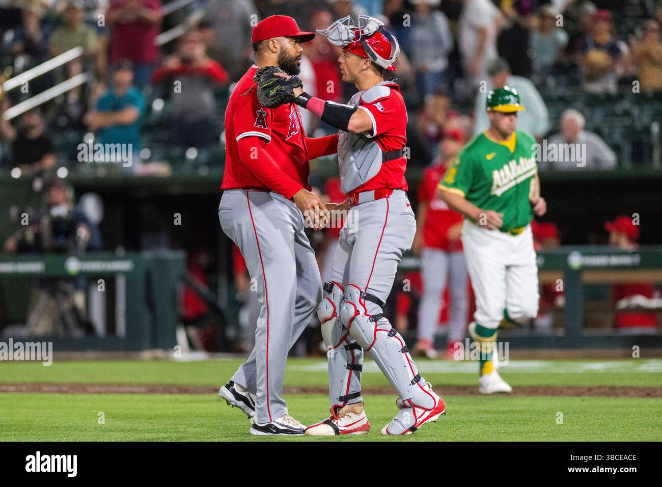 Los Angeles Angels catcher Logan O'Hoppe, right, celebrates with ...
