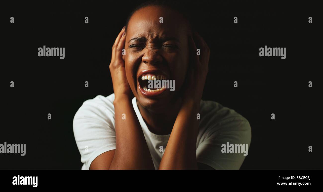 Woman, screaming and stress in studio with anxiety, panic and mental ...