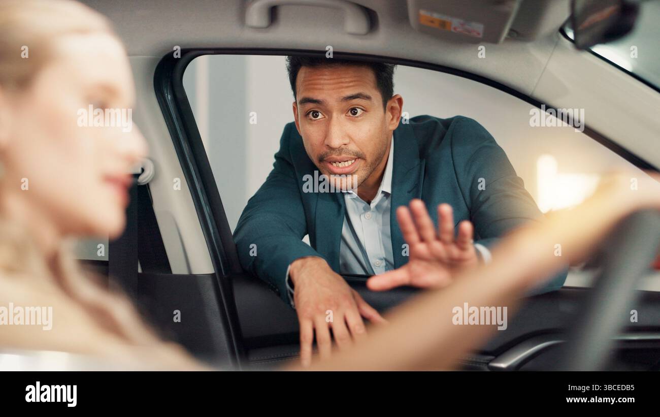 People, customer and salesman with discussion for car showroom ...