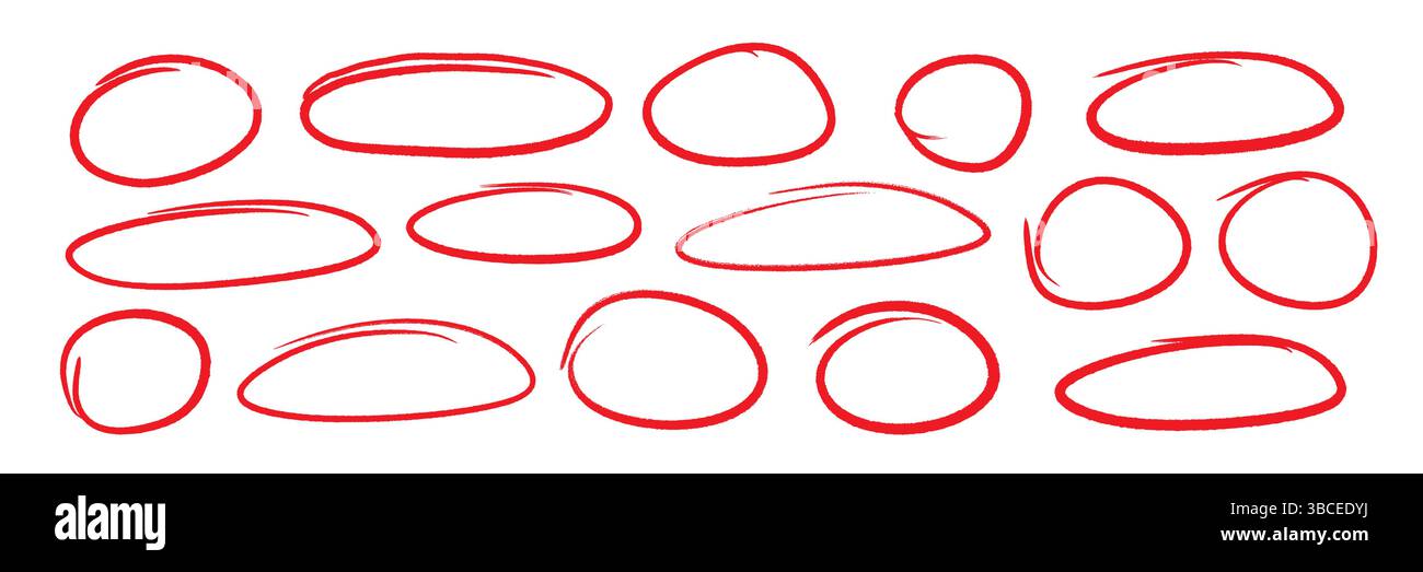 Hand drawn red pen highlight round oval frame set. Handwritten red ...
