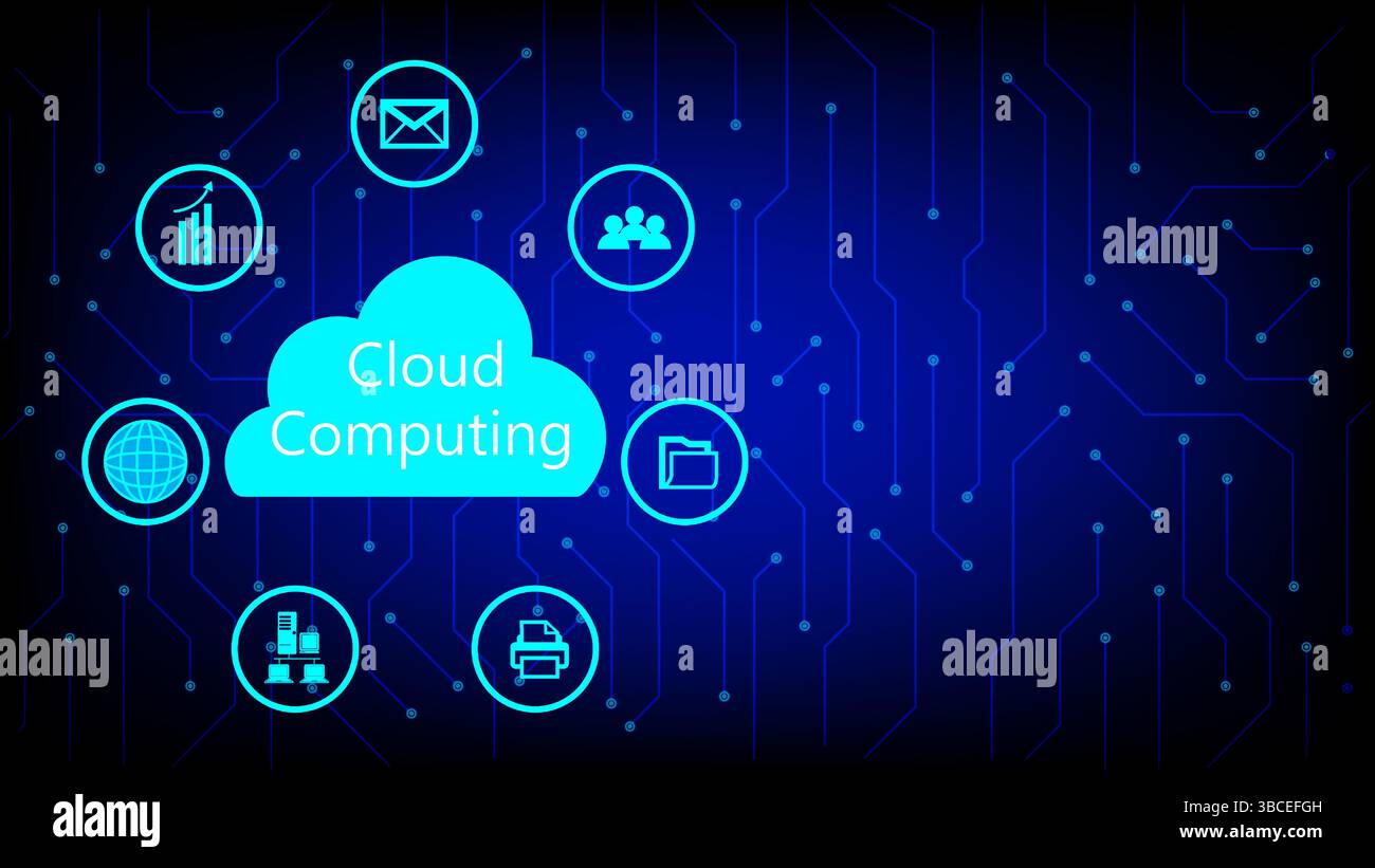 Illustration of cloud computing technology with icons representing ...