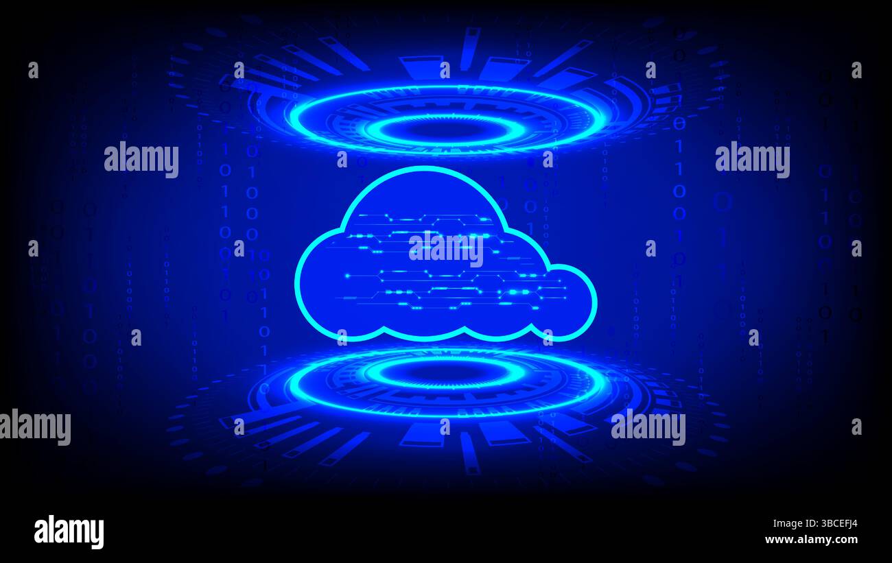 Illustration of cloud computing technology with icons representing digital services such as ...