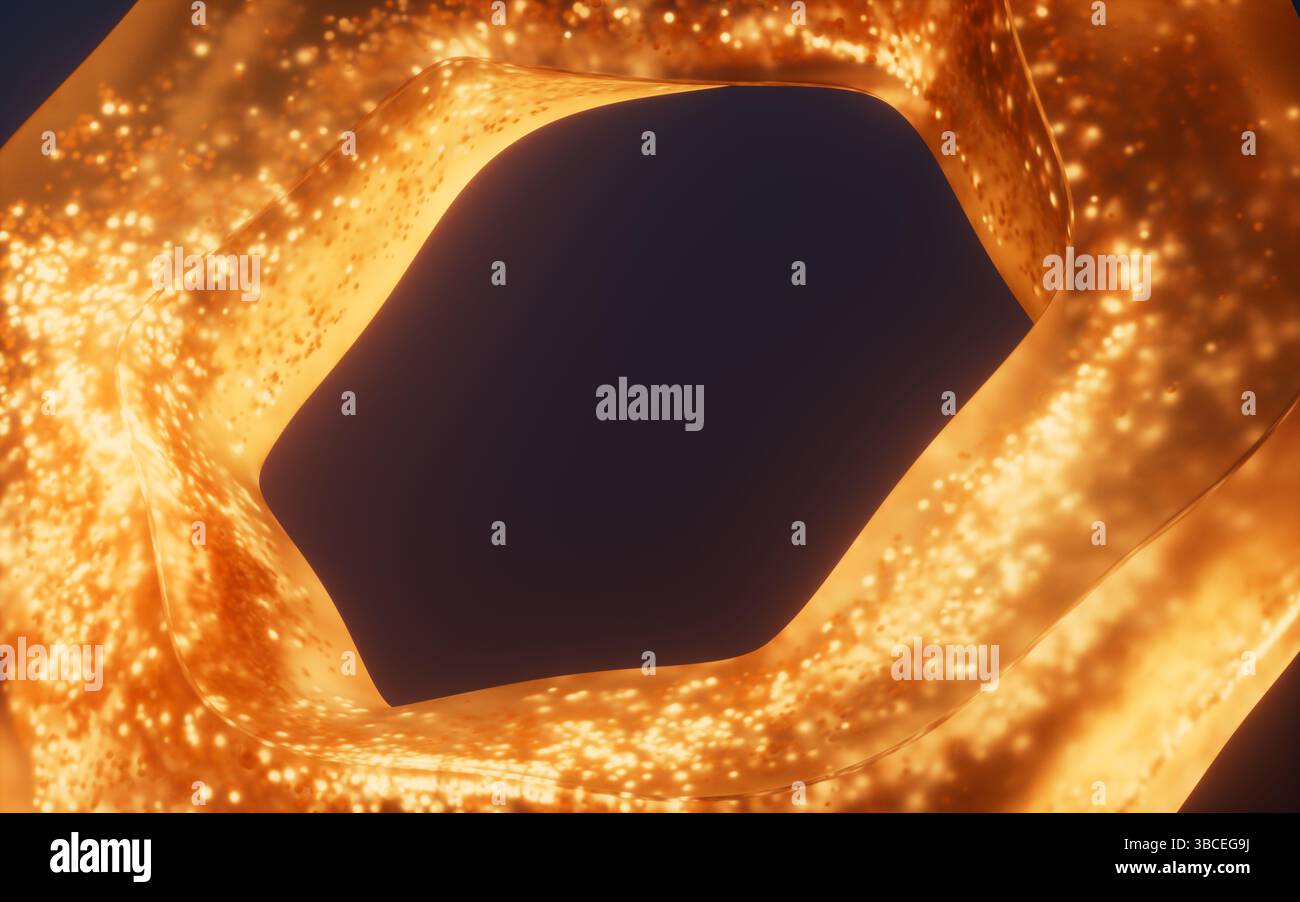 Golden glowing particles in glass geometry, 3d rendering. 3D ...