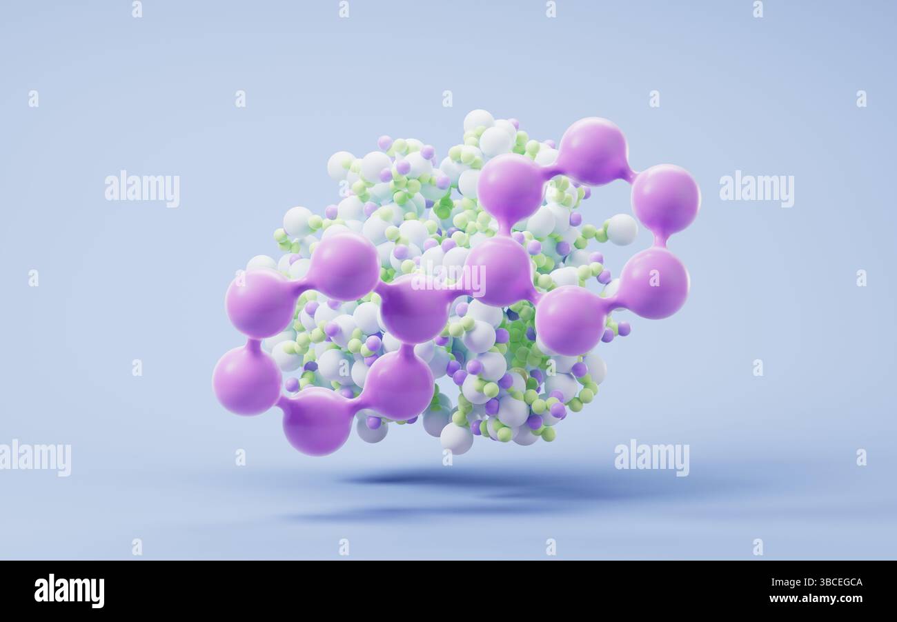 Chemical molecule with particles spheres background, 3d rendering. 3D ...