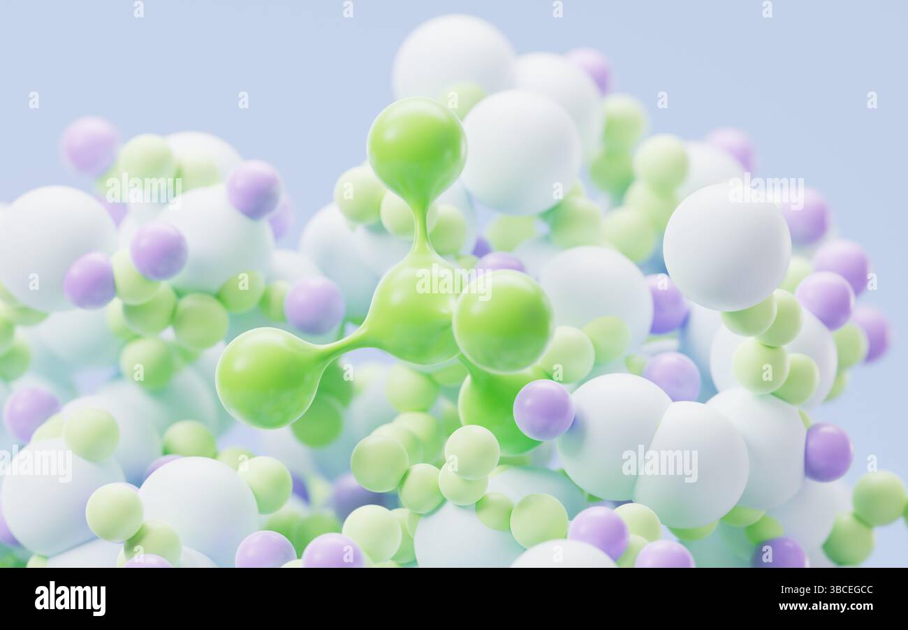 Chemical molecule with particles spheres background, 3d rendering. 3D ...