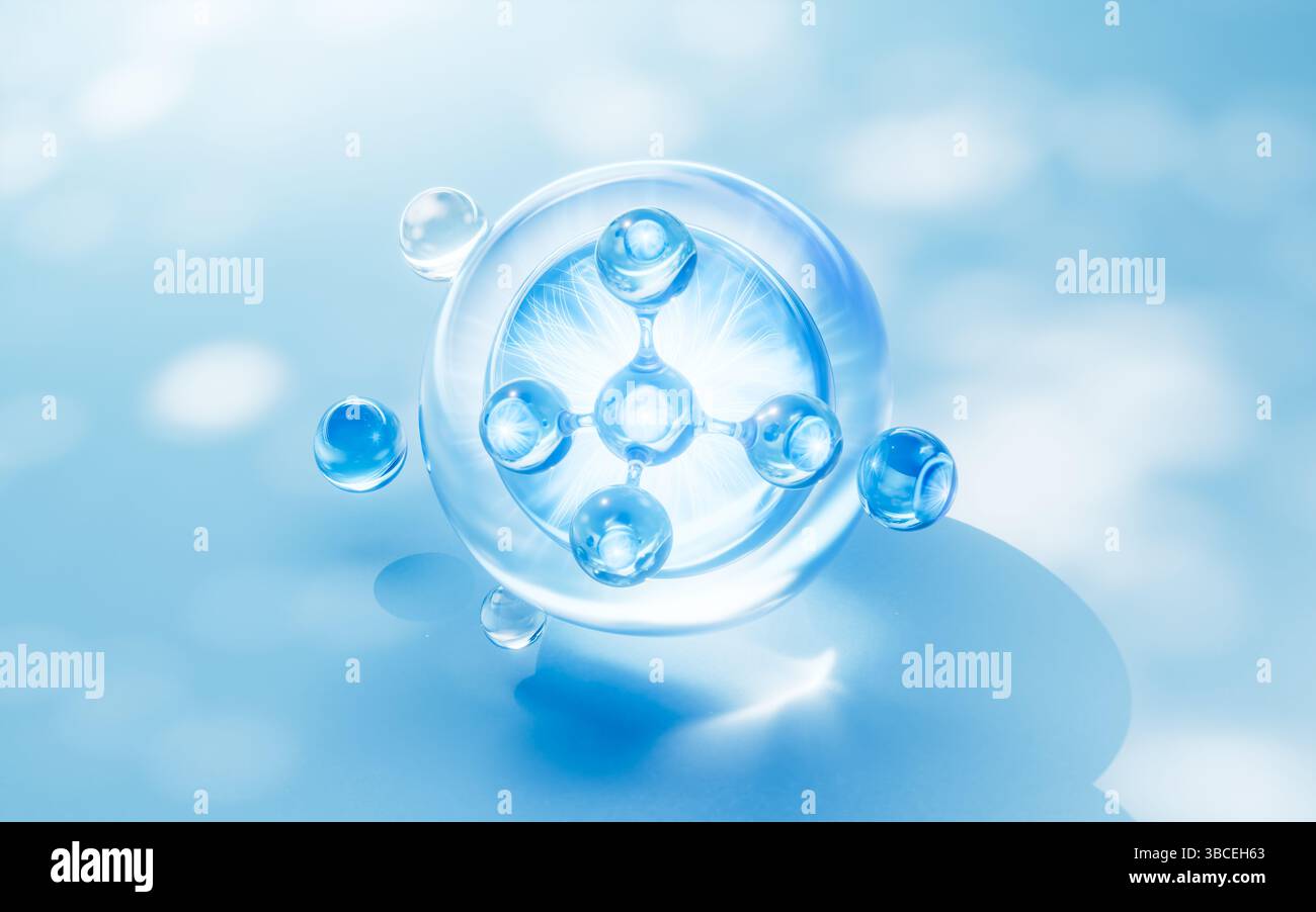 Blue liquid molecule and water bubbles, 3d rendering. 3D illustration ...