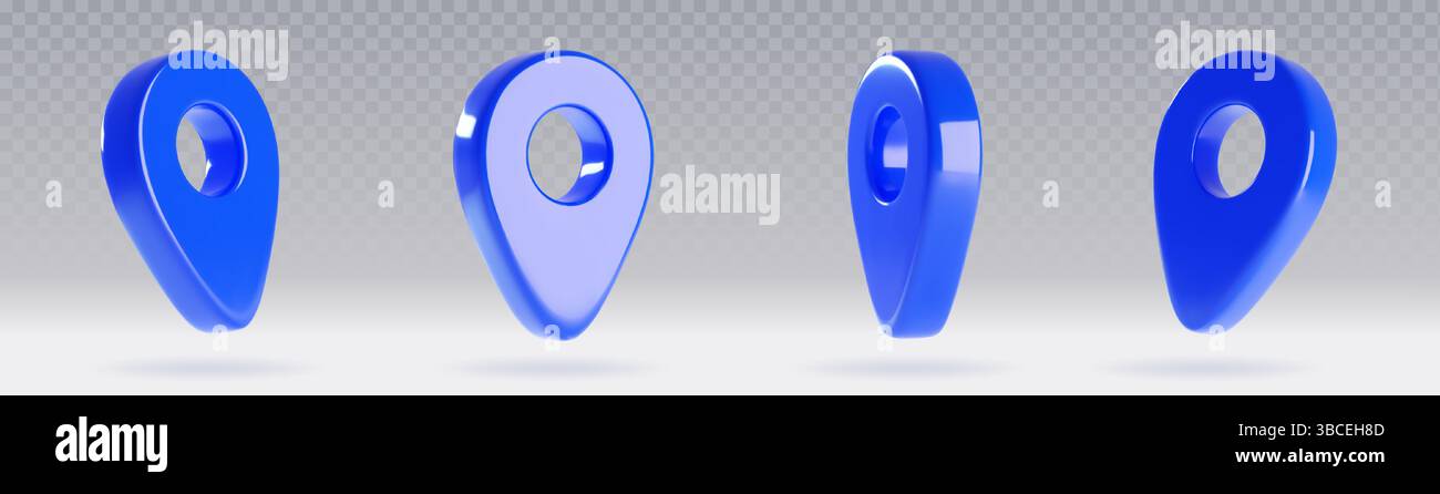 3D map pins set isolated on transparent background. Vector realistic illustration of blue gps ...