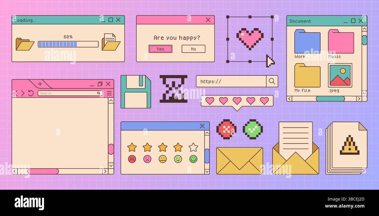 Retro style window browser assets set. Cute interface elements from old ...