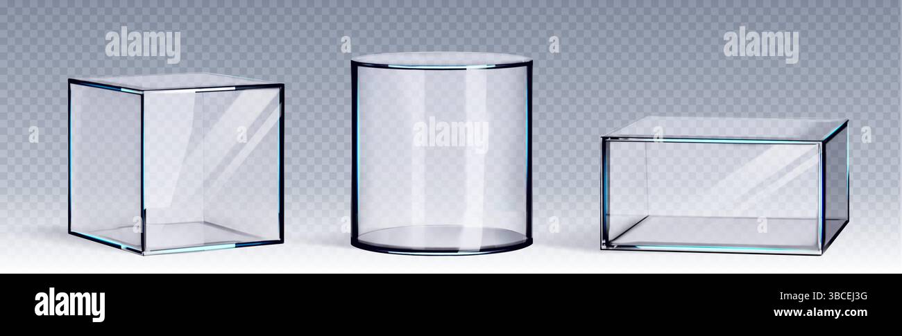 Glass cube and cylinder displays set isolated on transparent background ...