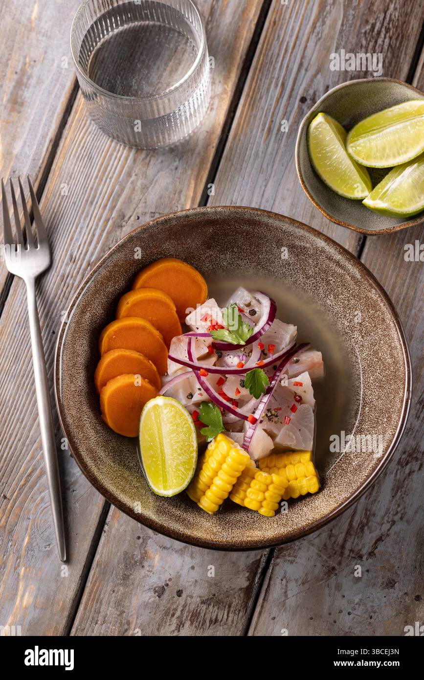 A traditional Peruvian dish is ceviche with white fish Stock Photo - Alamy