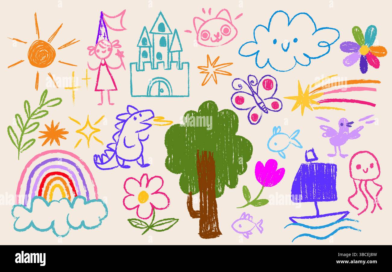 Kid crayon doodle set with cloud and rainbow, tree and castle, sun and ...