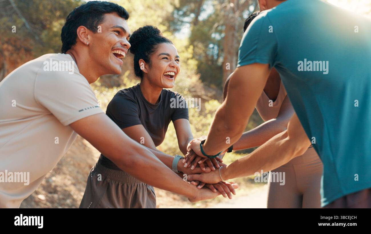 Exercise, huddle and running with friends outdoor together for bonding ...