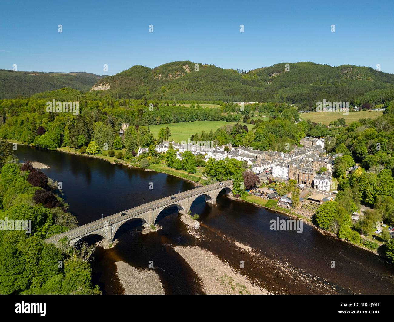 Aerial view of River Tay with low water level Thomas Telford stone arch ...