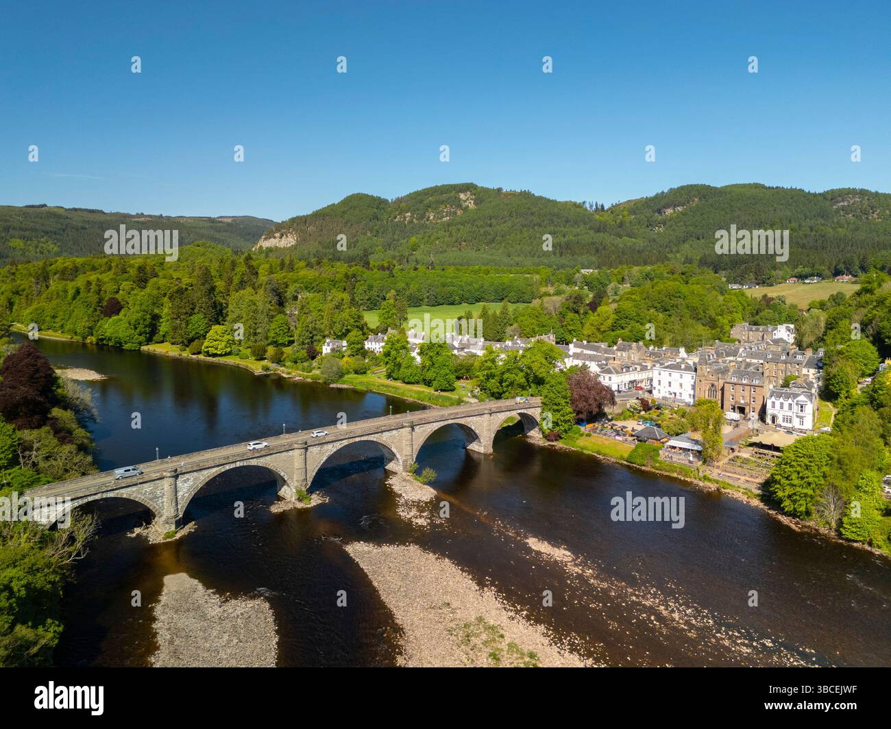 Aerial view of River Tay with low water level Thomas Telford stone arch ...