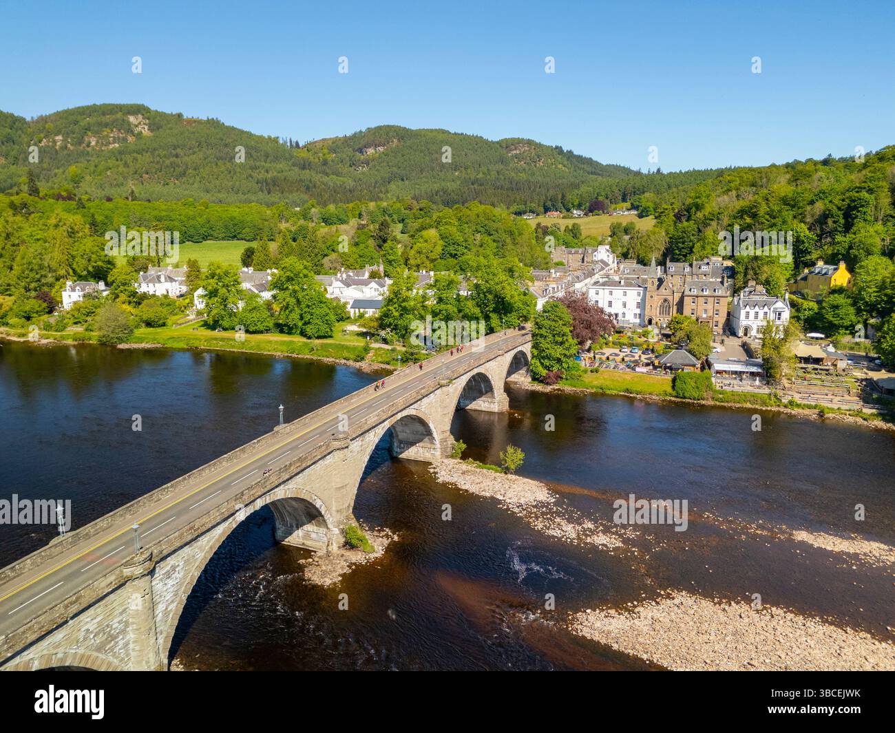 Aerial view of River Tay with low water level Thomas Telford stone arch ...