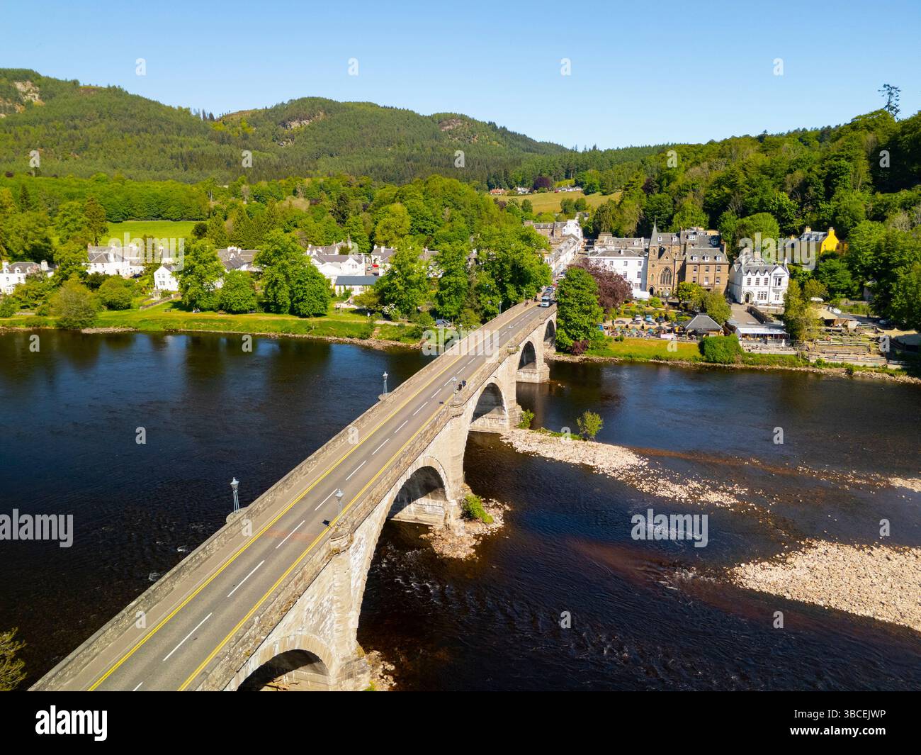 Aerial view of River Tay with low water level Thomas Telford stone arch ...