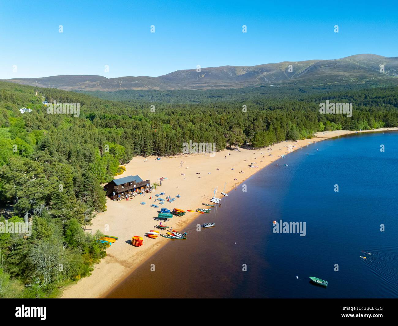 Aerial view of beach and watersports centre at Loch Morlich, Badenoch ...