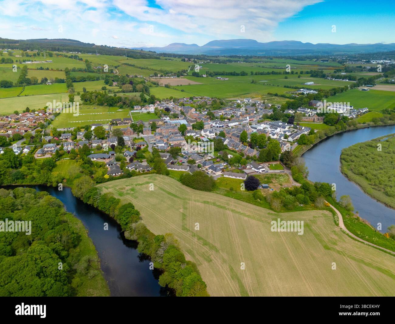 Aerial view of town of Beauly on the River Beauly, Highland, Scotland ...
