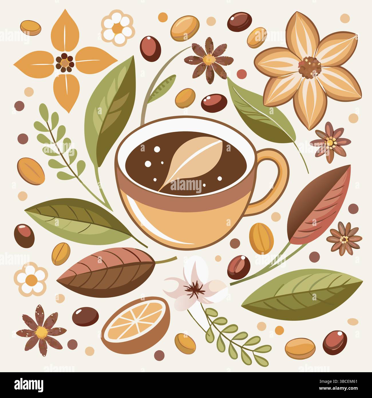 Autumn Floral Coffee Cup Vector with Decorative Fall Leaves and Coffee ...
