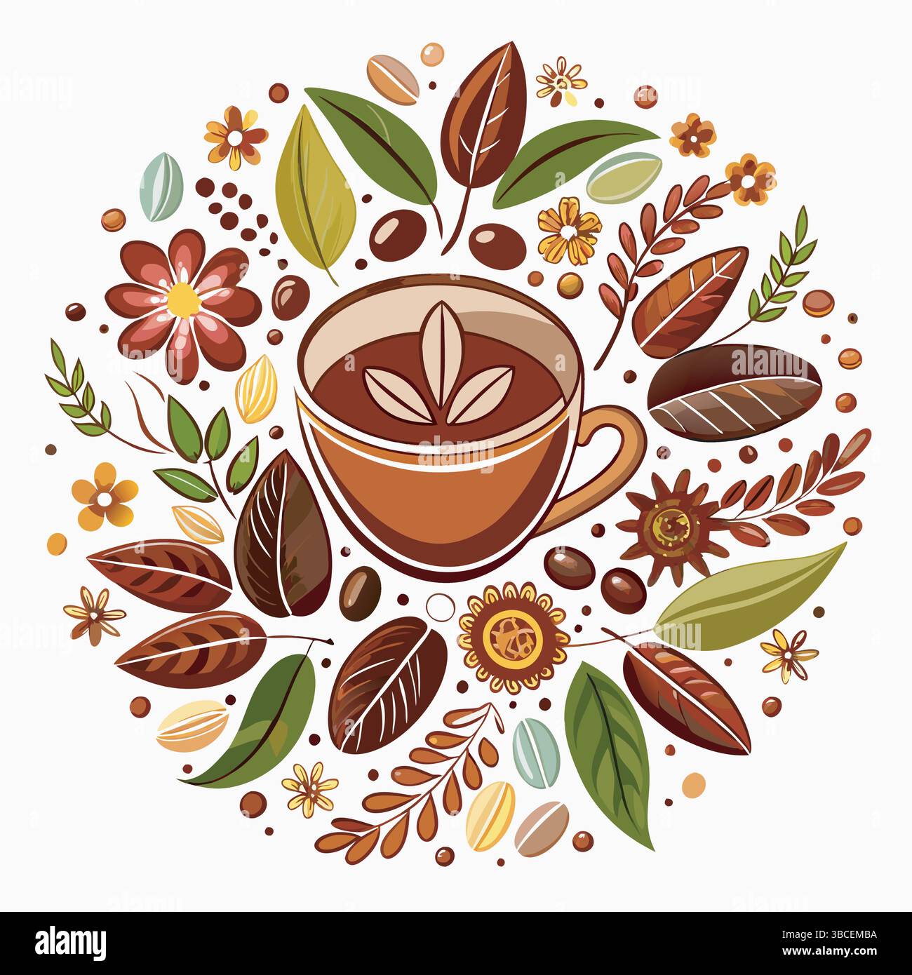 Autumn Floral Coffee Cup Vector with Decorative Fall Leaves and Coffee ...