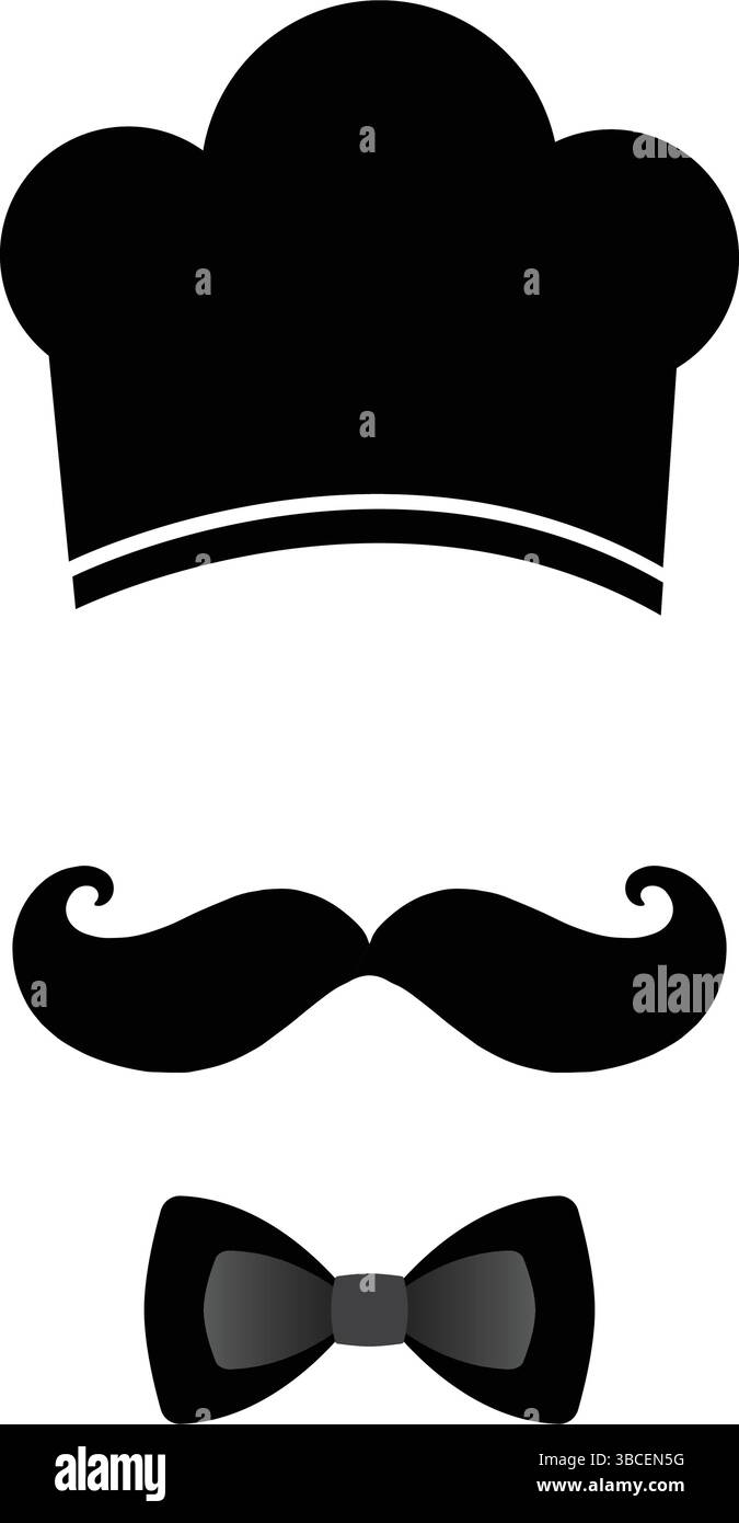 Black silhouette of a chef hat with moustache and bow tie Stock Vector ...