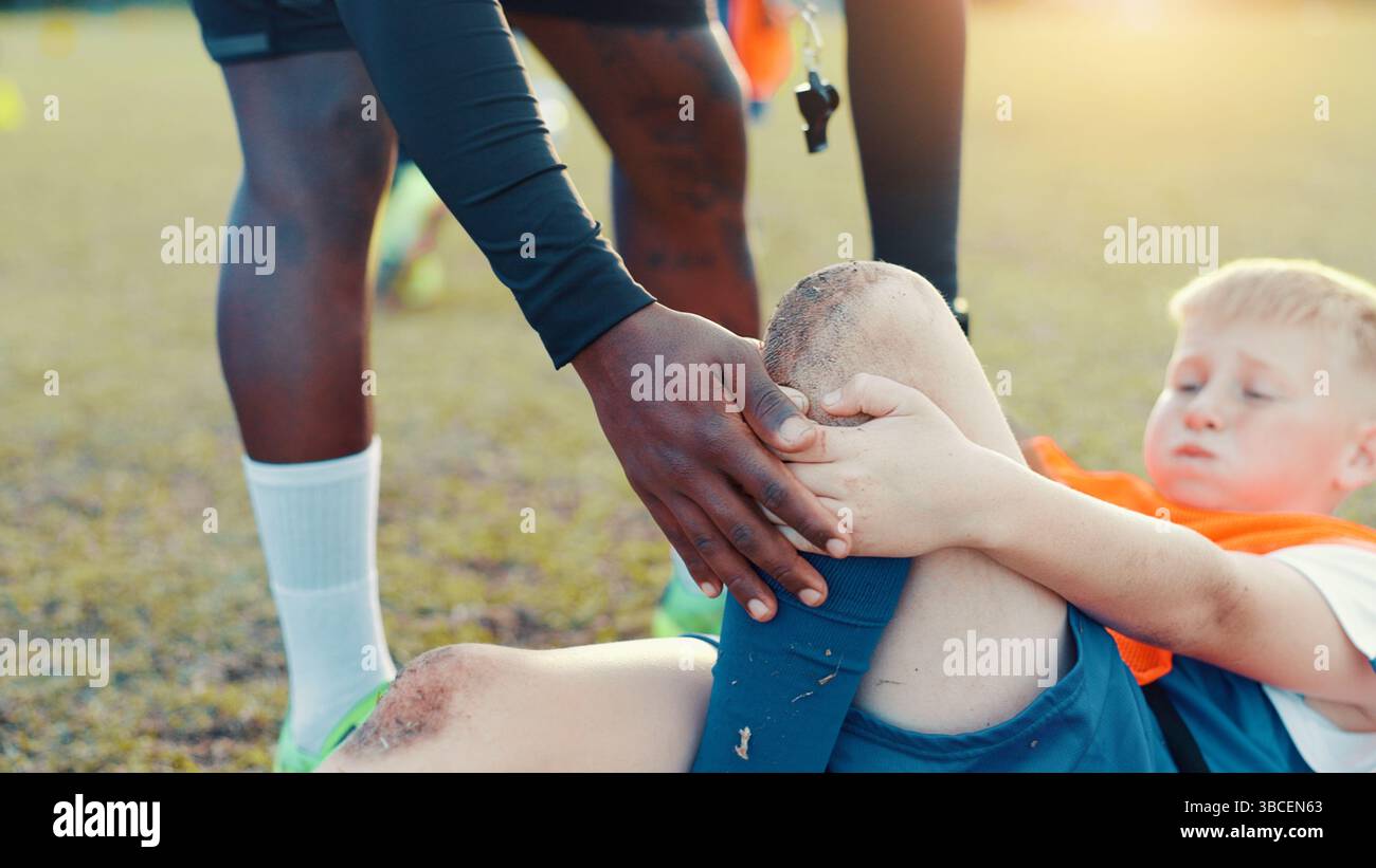 Soccer, child and knee pain for injury, accident and muscle tension ...
