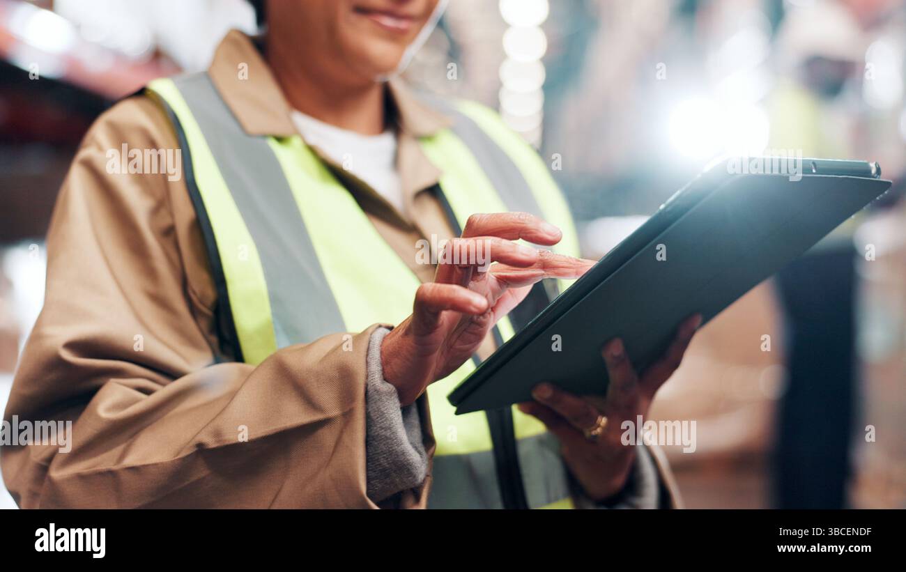 Distribution, hands and person with tablet in warehouse, quality ...