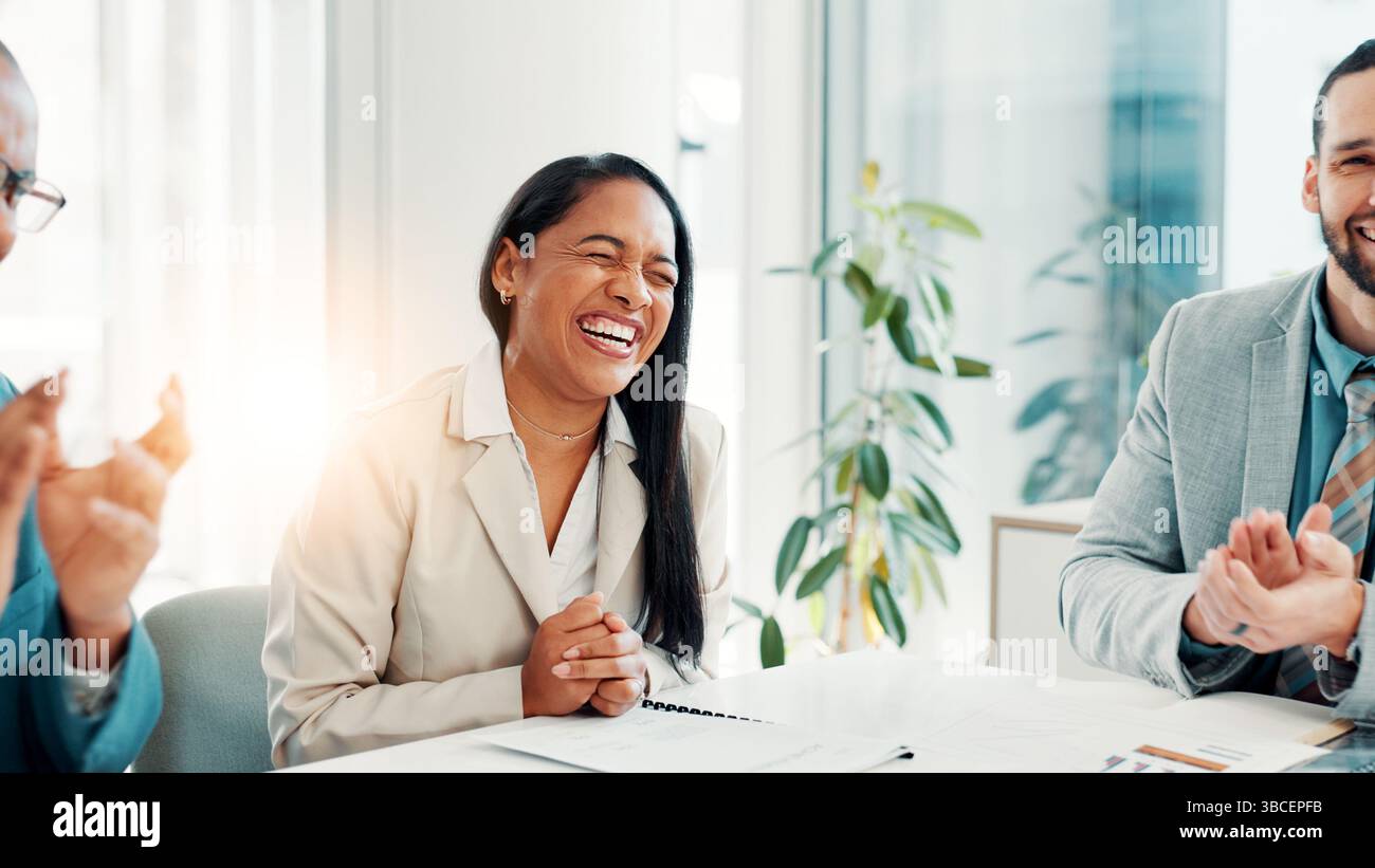 Business people, team and applause for success, laugh and celebration ...