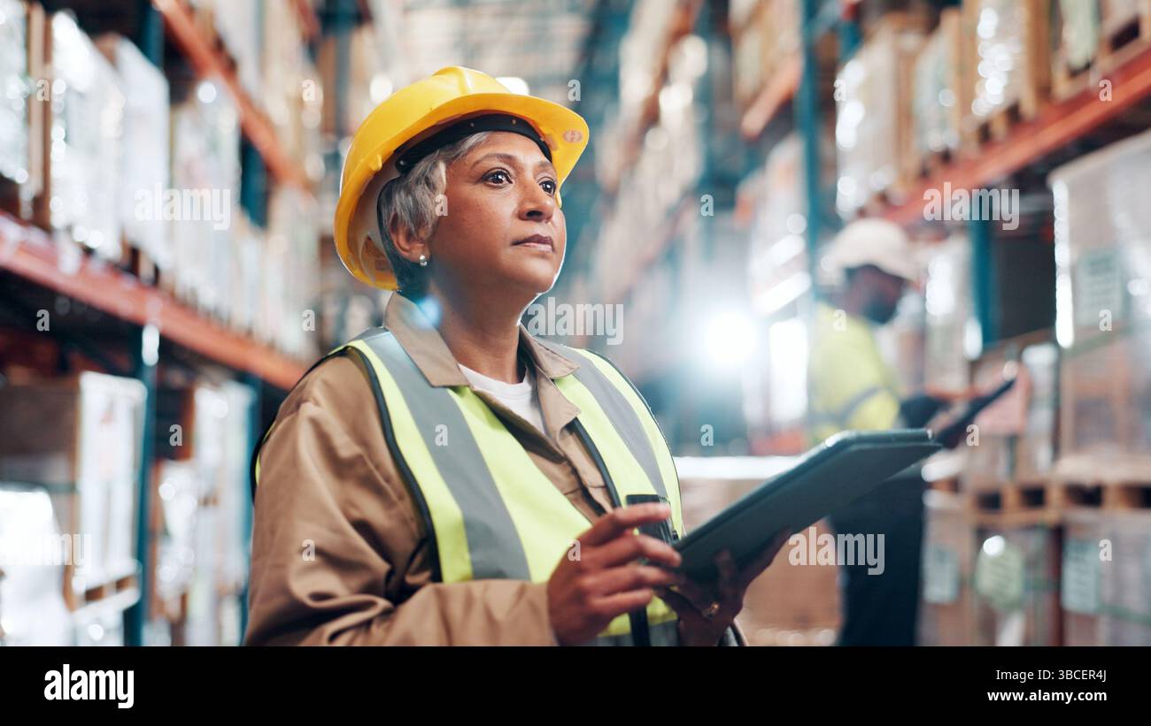 Shipping, inspection and mature woman with tablet in warehouse, quality ...