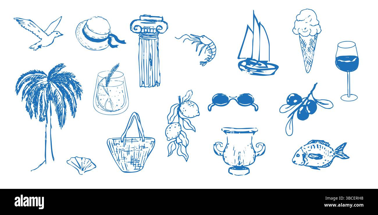 Summer seashore greek sea tourism, rest sketch drawing. Line hand drawn ...