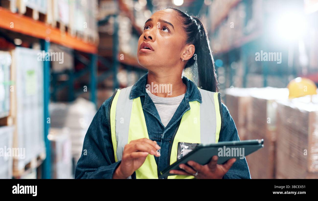 Thinking, supply chain and woman in warehouse, tablet and quality check with inventory. Person ...