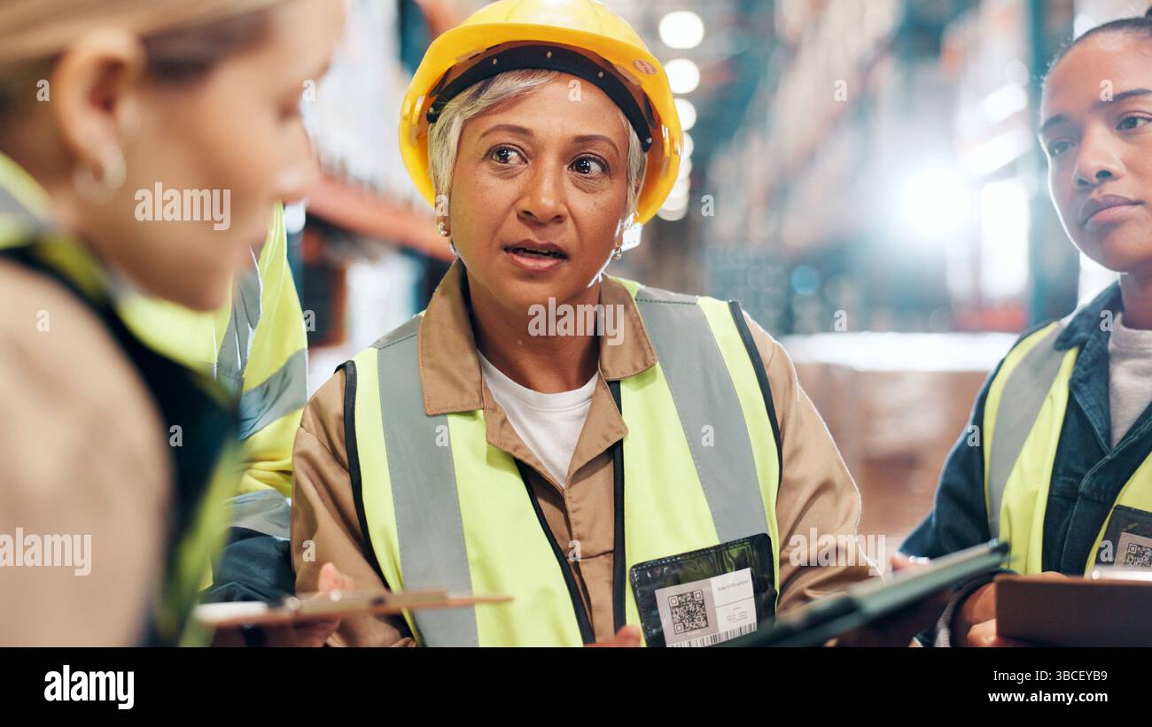 Distribution, tablet and team with conversation, clipboard and advice ...