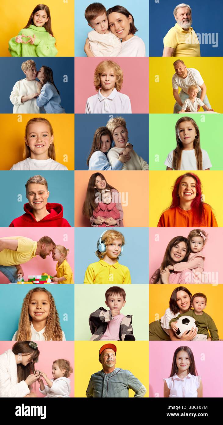 Grid collage of children, parents, and seniors on colorful backgrounds ...