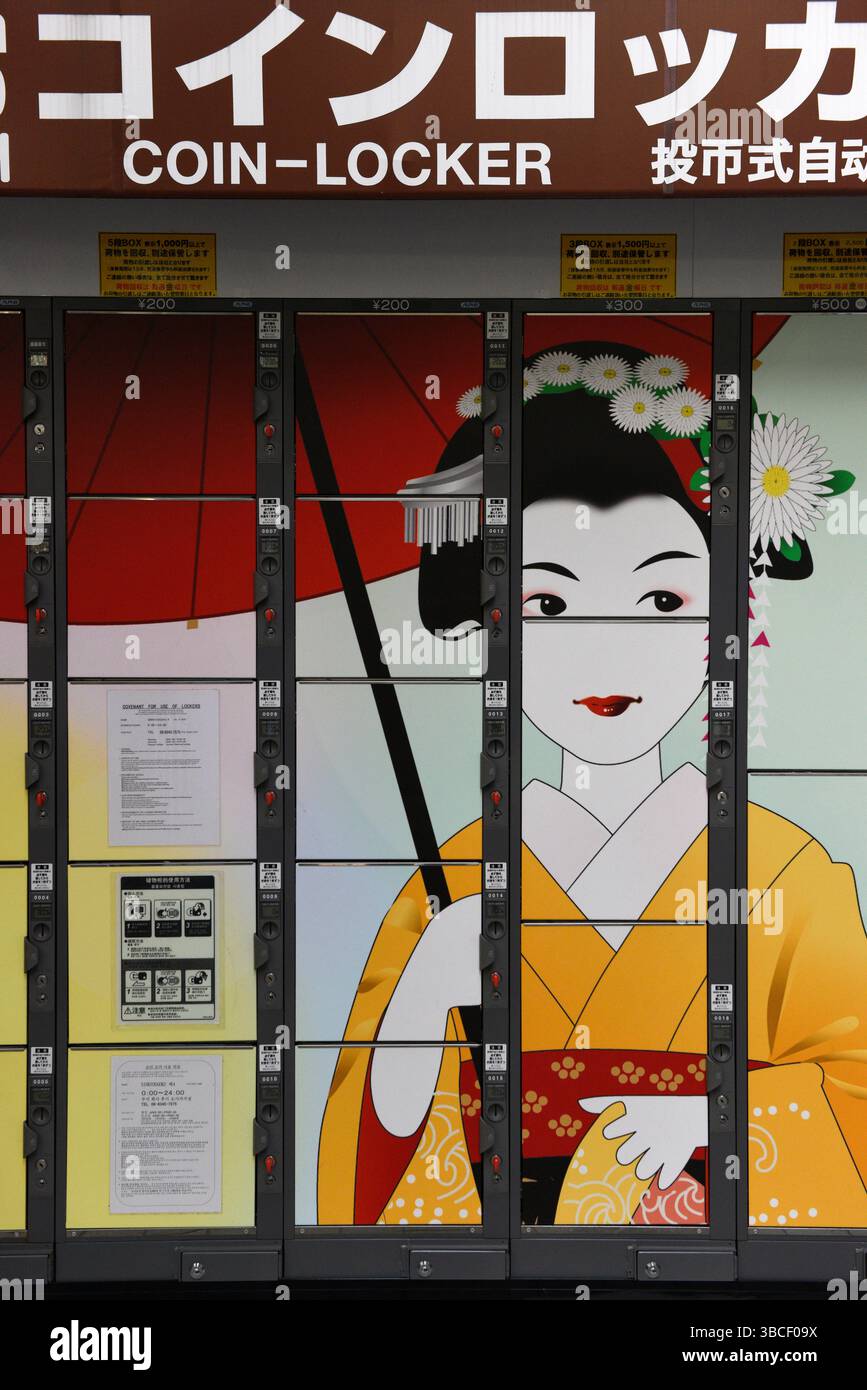 Block of public lockers with picture of Geisha holding umbrella,Kyoto ...