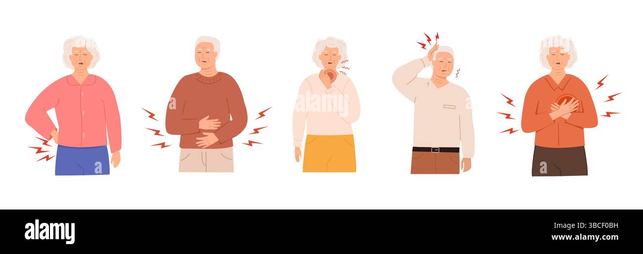 Set of elderly people experiencing different types of pain and ...