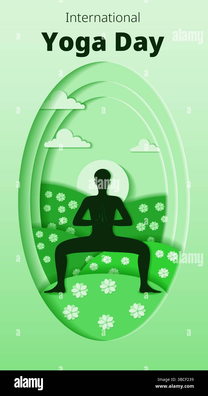 International Yoga Day. Vertical template. Utkata Konasana pose ...