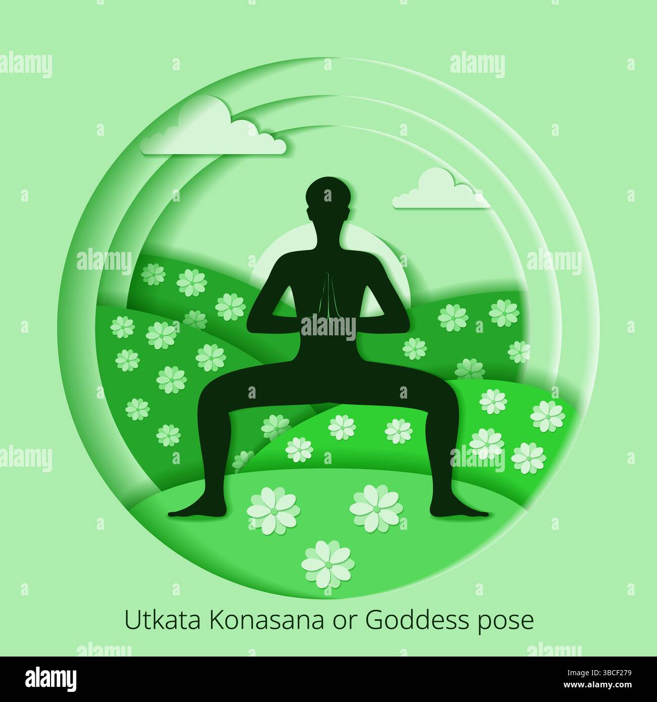 International Yoga Day. Utkata Konasana pose. Goddess pose. Paper cut ...