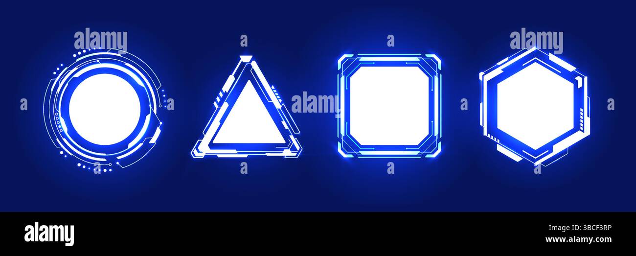 AI HUD neon frame with white shape for text. Set of futuristic design elements in geometric ...