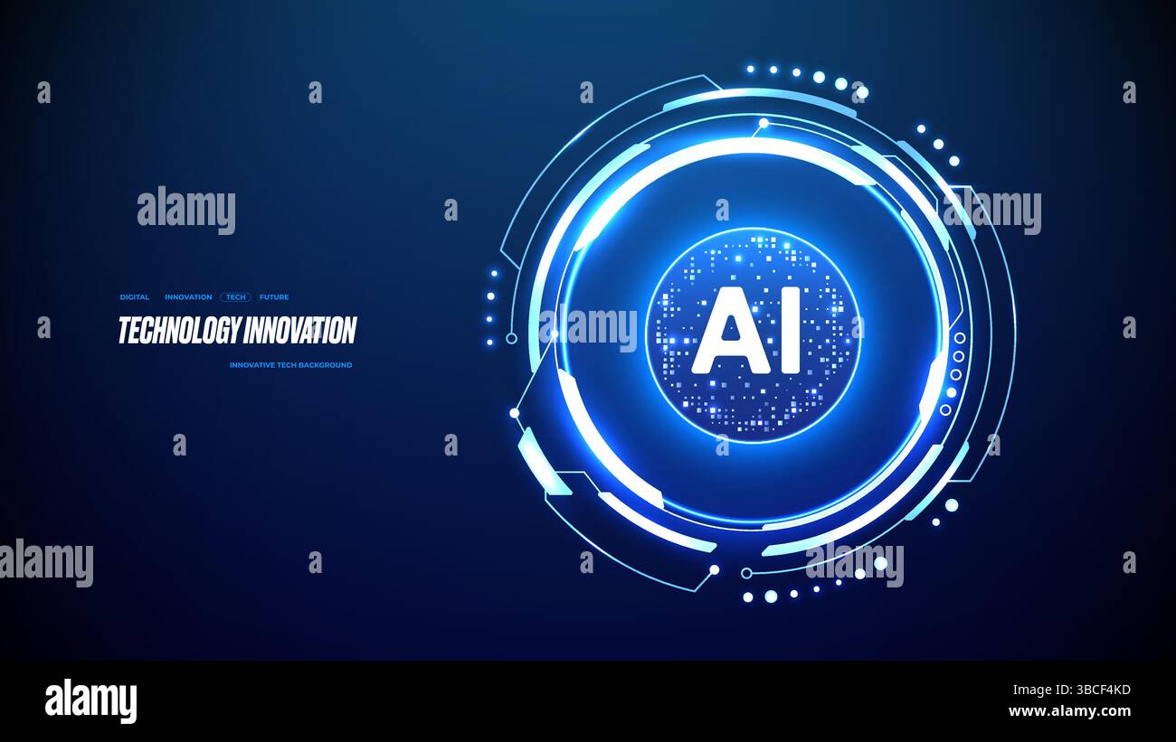 AI tech semiconductor. Abstract neon lightning circle portal. AI chip ...