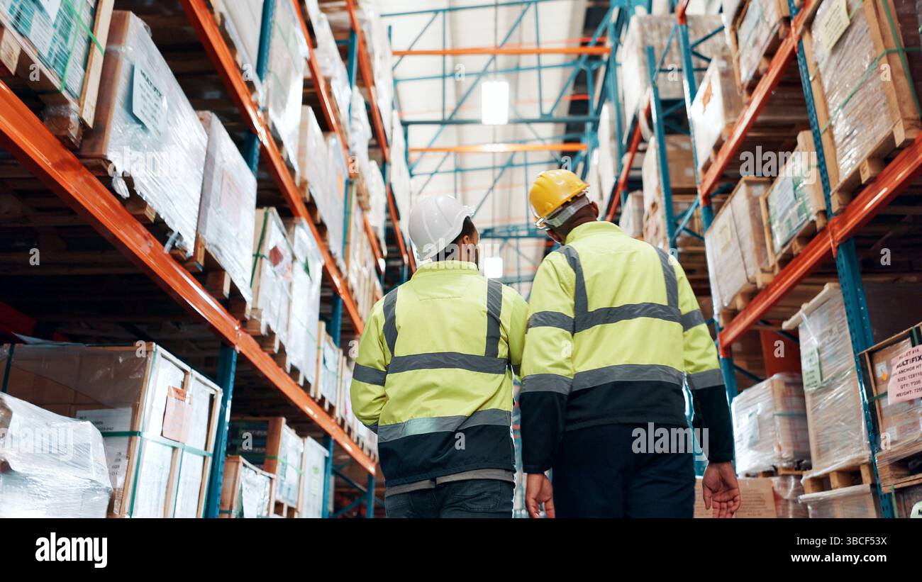 Below, back and people at distribution warehouse for shipping ...