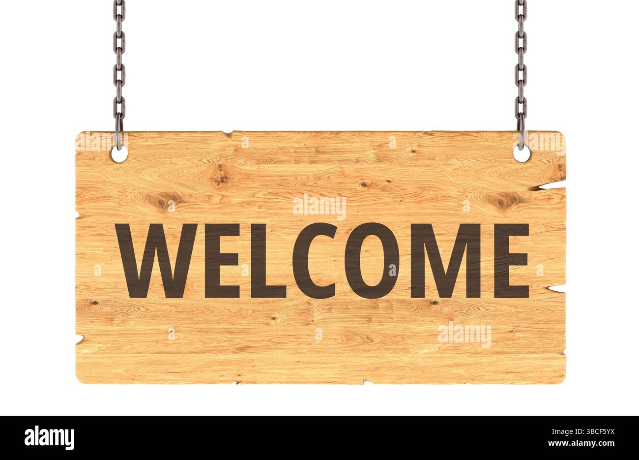 Wooden Welcome Sign Hanging on Chains. 3D rendering isolated on white ...