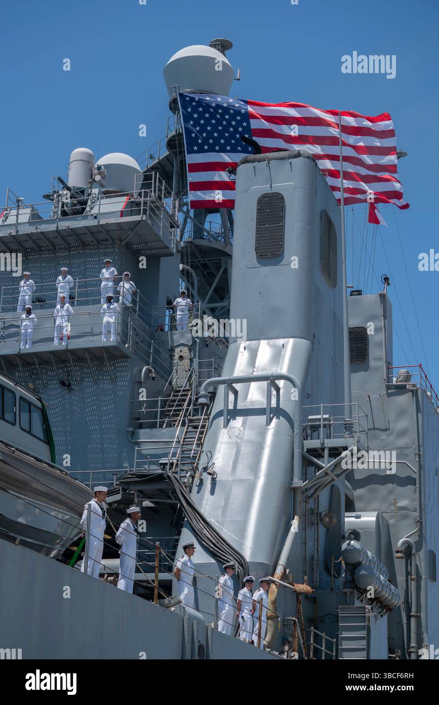 LOS ANGELES (May 19, 2025) Sailors man the rails as the amphibious ...