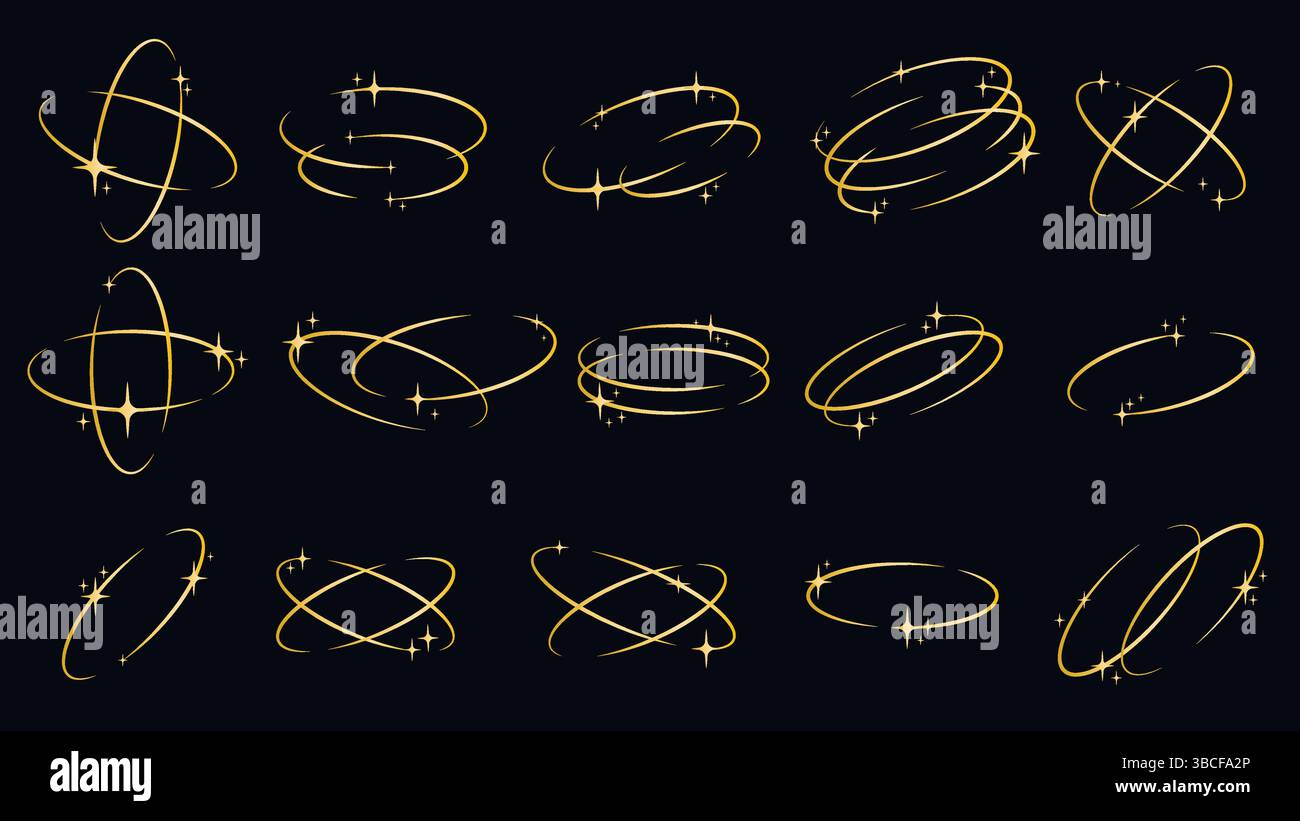 Set of golden design elements - oval orbit with shimmering particles ...