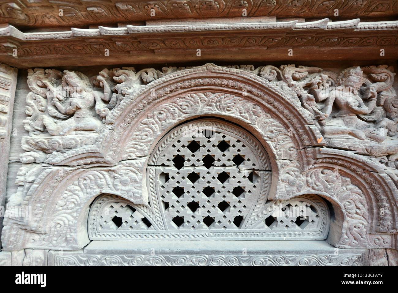 Beautiful wooden reliefs decorating the Rameshwar Temple in the Durbar Square in Bhaktapur ...