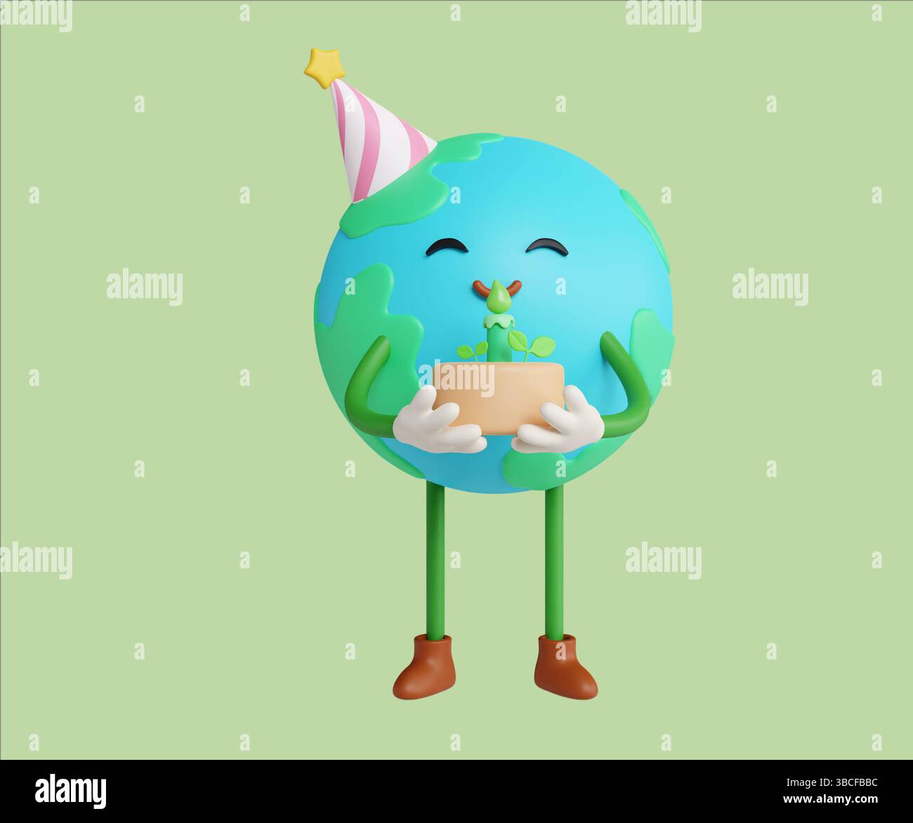 Eco-friendly Earth character celebrating sustainability with plant. 3D ...