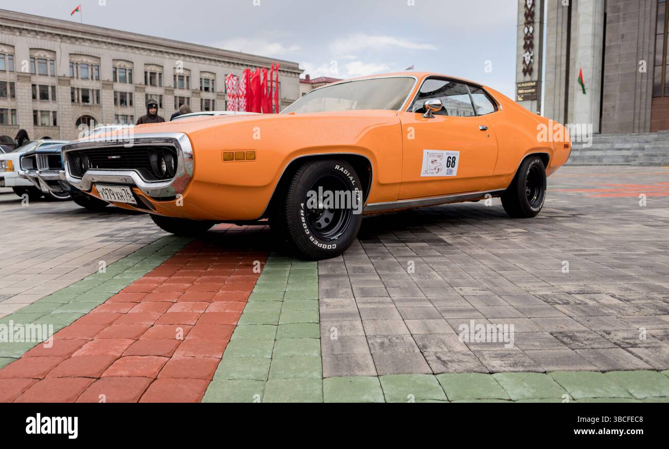 Minsk, Belarus, May 20, 2025 - Side view of muscle car Plymouth Road ...