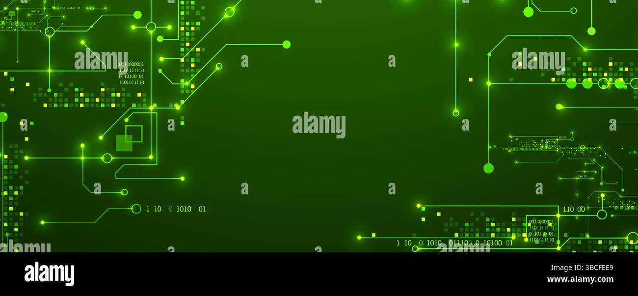 Digital circuit visualization vector background. Green board pattern with interconnected lines ...